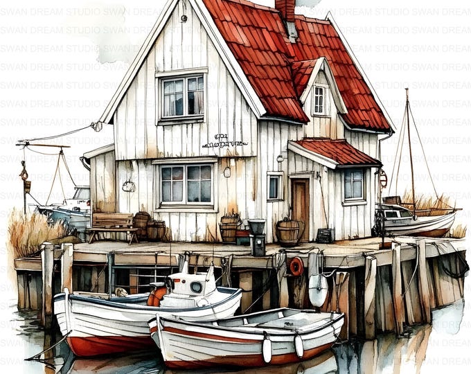 16 Folk Art Harbor Boats Houses Clipart Bundle, 16 High-quality JPG ...