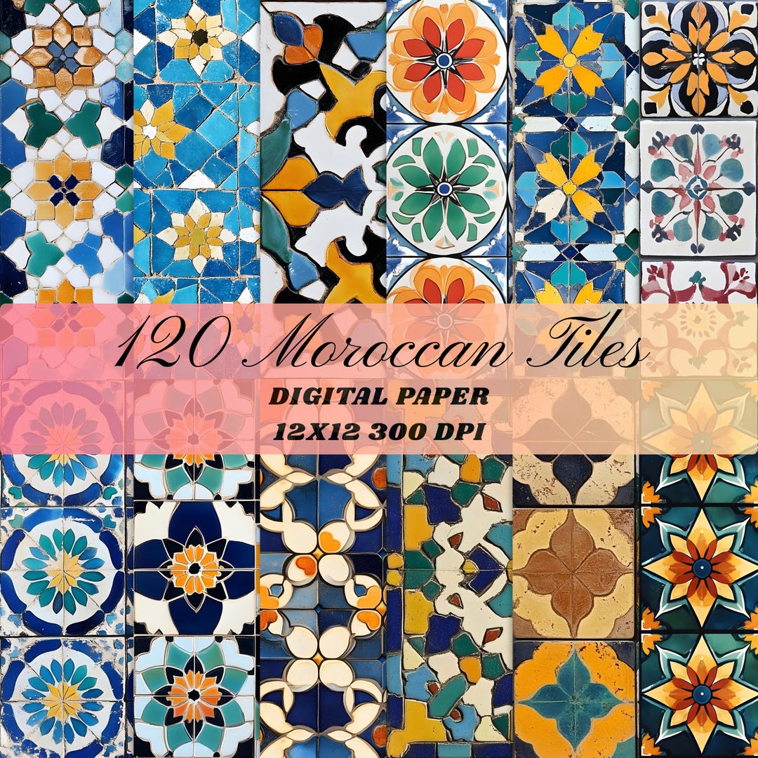120 Moroccan Tiles Digital Paper Pack Arabesque Ethnic Boho Background ...