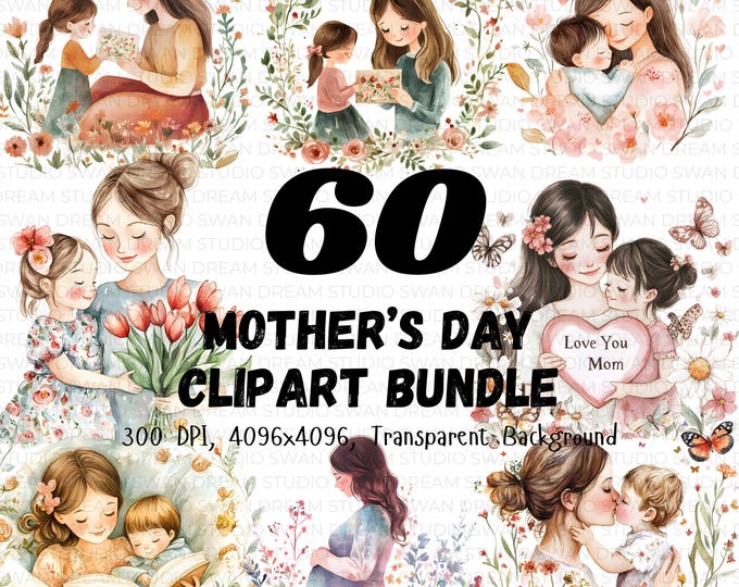 49 PNG Mothers Watercolor Clipart Bundle, Cute Mother's Day Clipart ...