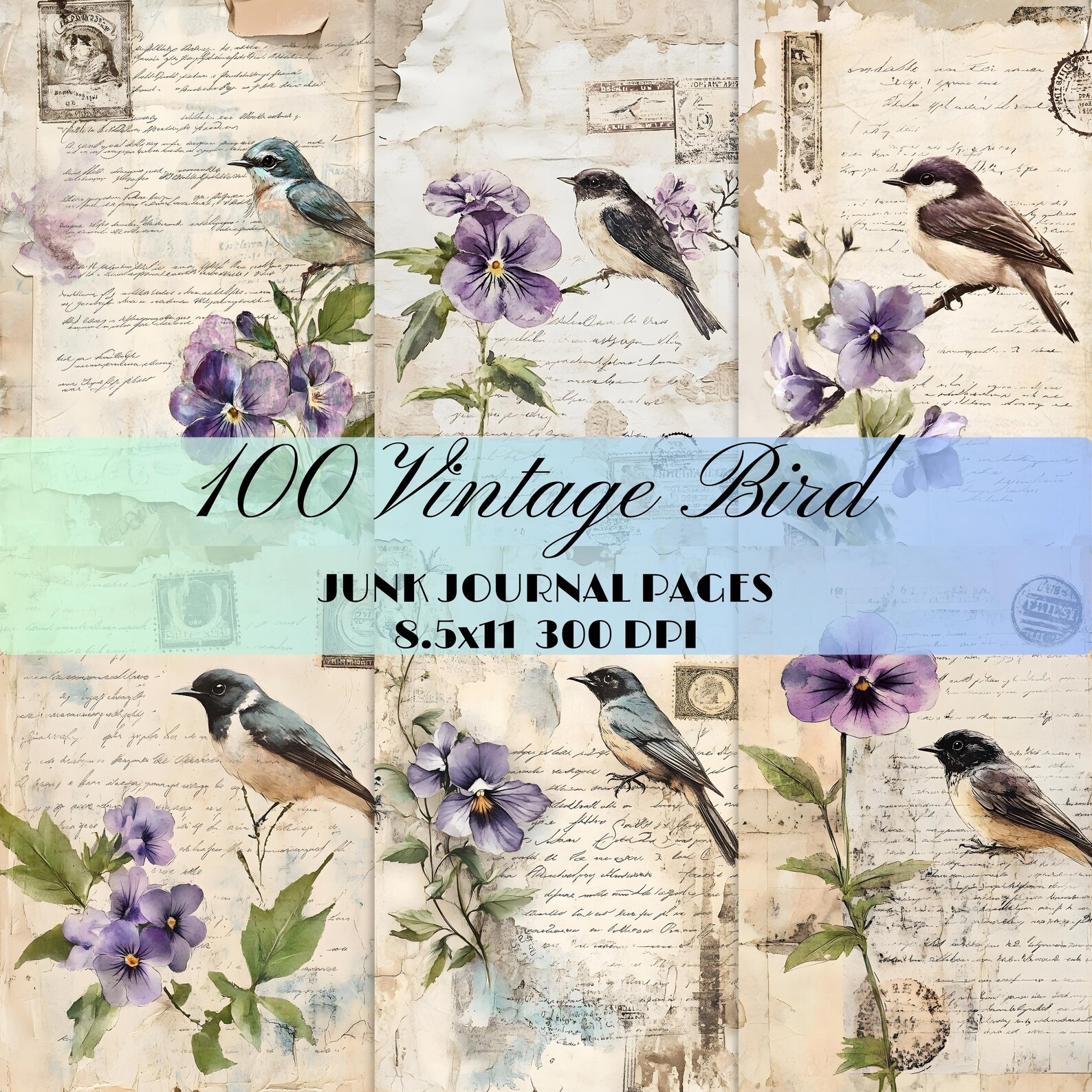 100 Vintage Quirky Bird Junk Journal Page Floral Printable Ephemera Kit ...
