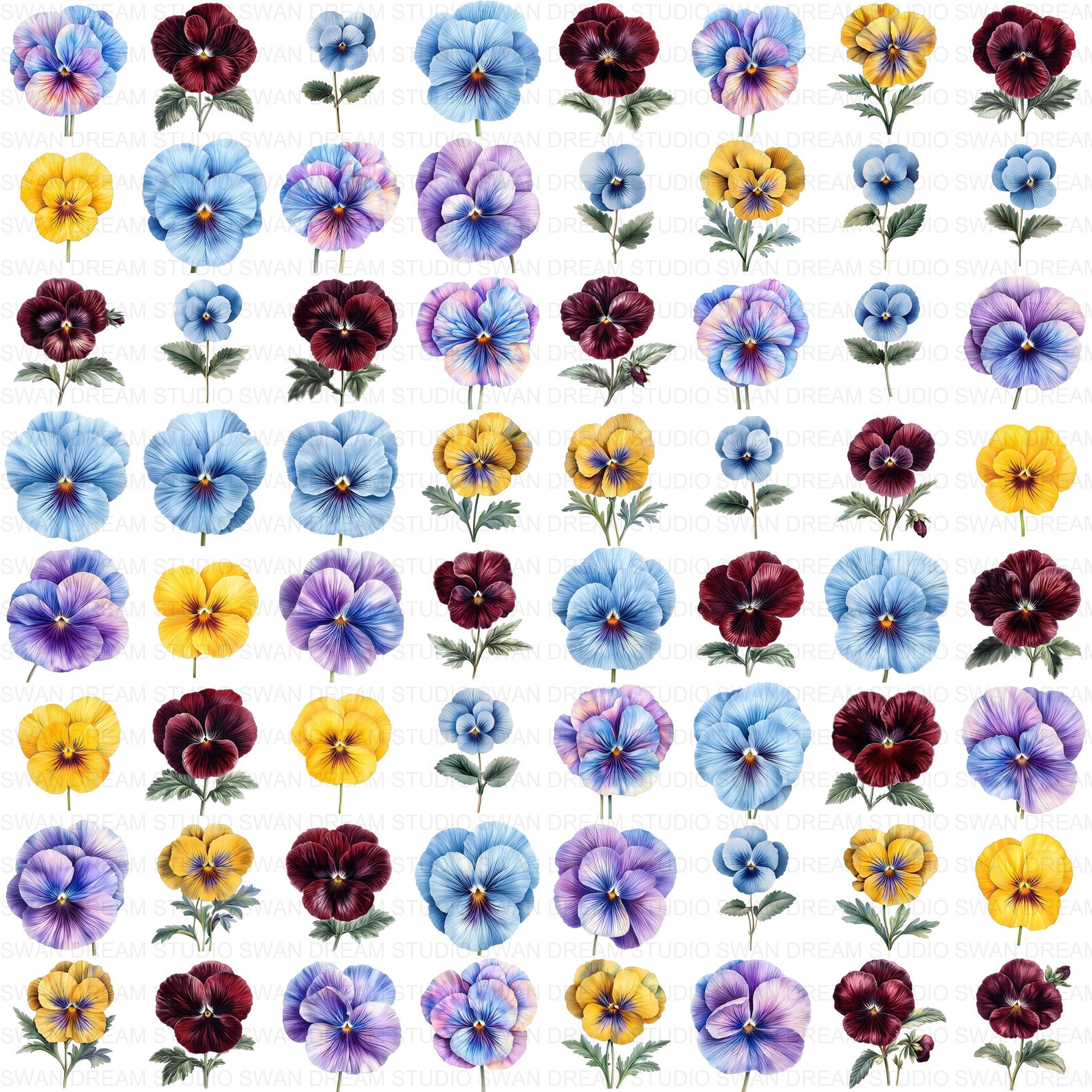 120 Single Pansy Flower Stem Clipart Bundle Printable Whimsical Floral ...