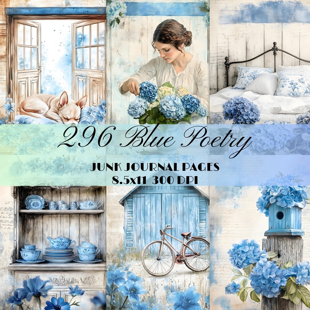 296 Blue Poetry Junk Journal Pages Cottagecore Printable Ephemera Kit ...