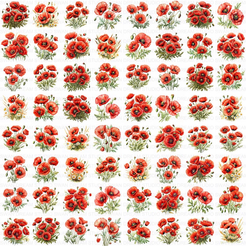 126 Poppy Plant Clipart Bundle Poppy Flower Printable Whimsical Red ...