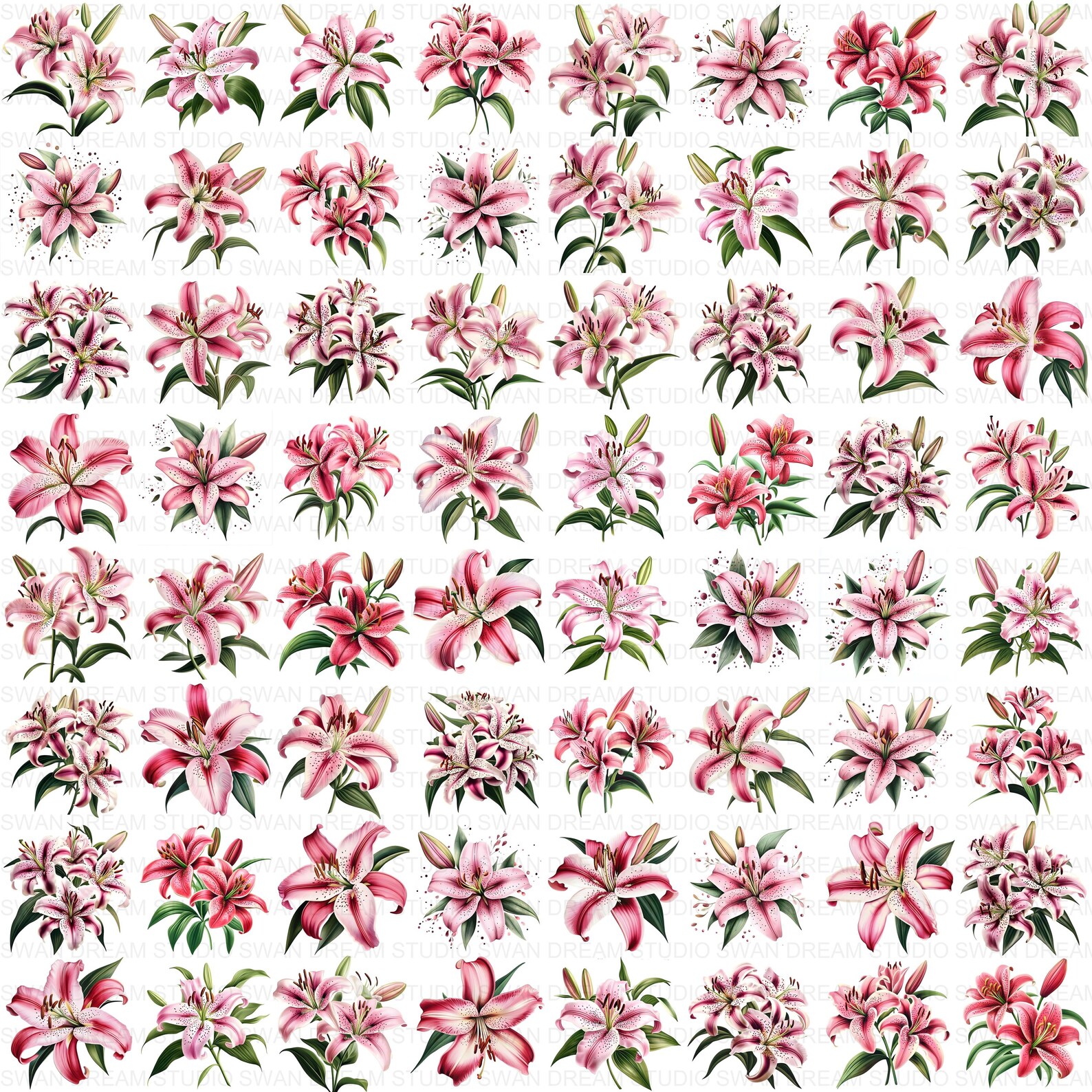 128 Stargazer Lily Flower Clipart Bundle Printable Whimsical Pink ...