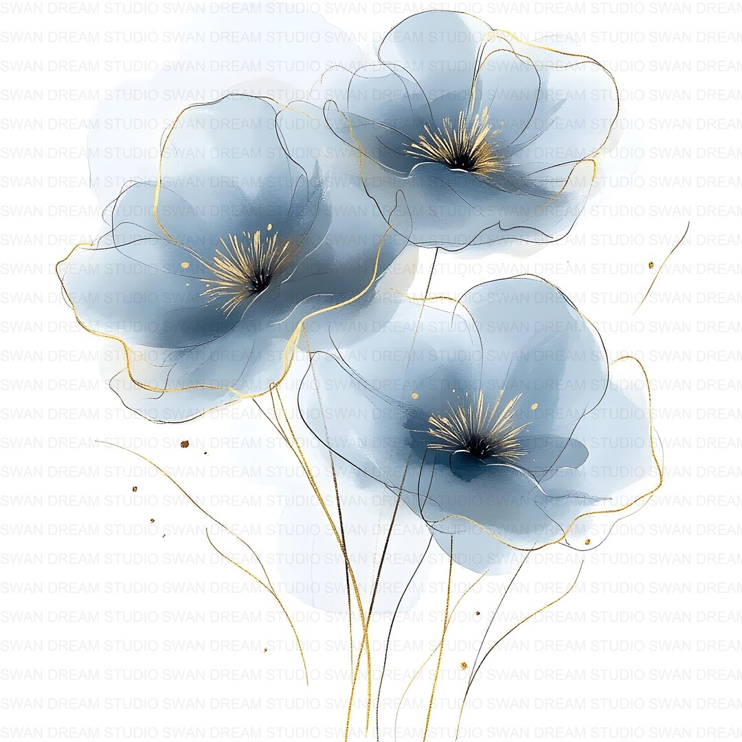 145 Blue Gold Abstract Flower Watercolor Clipart Bundle Printable High ...