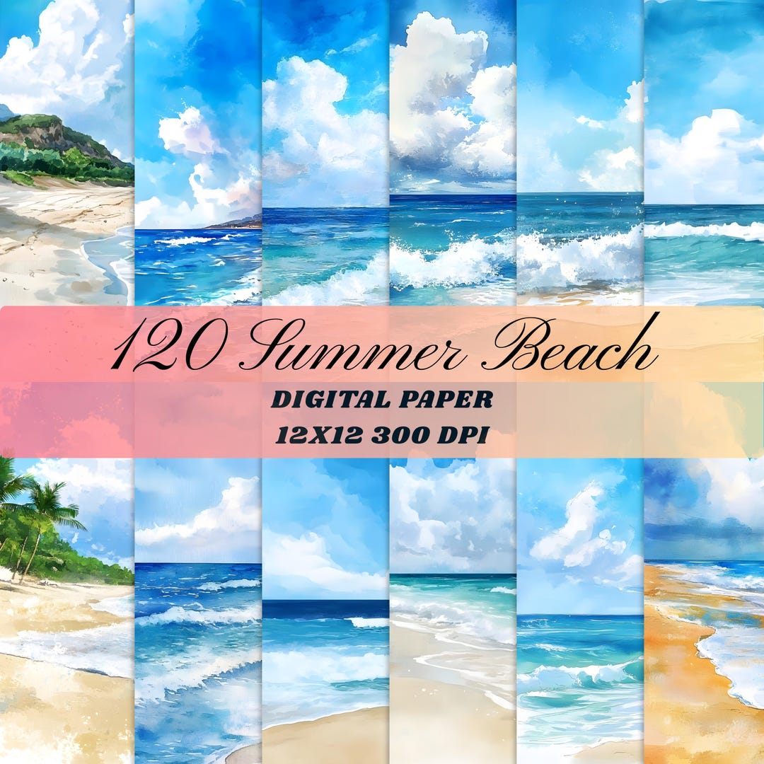 120 Summer Beach Digital Paper Pack Watercolor Seascapes Background ...