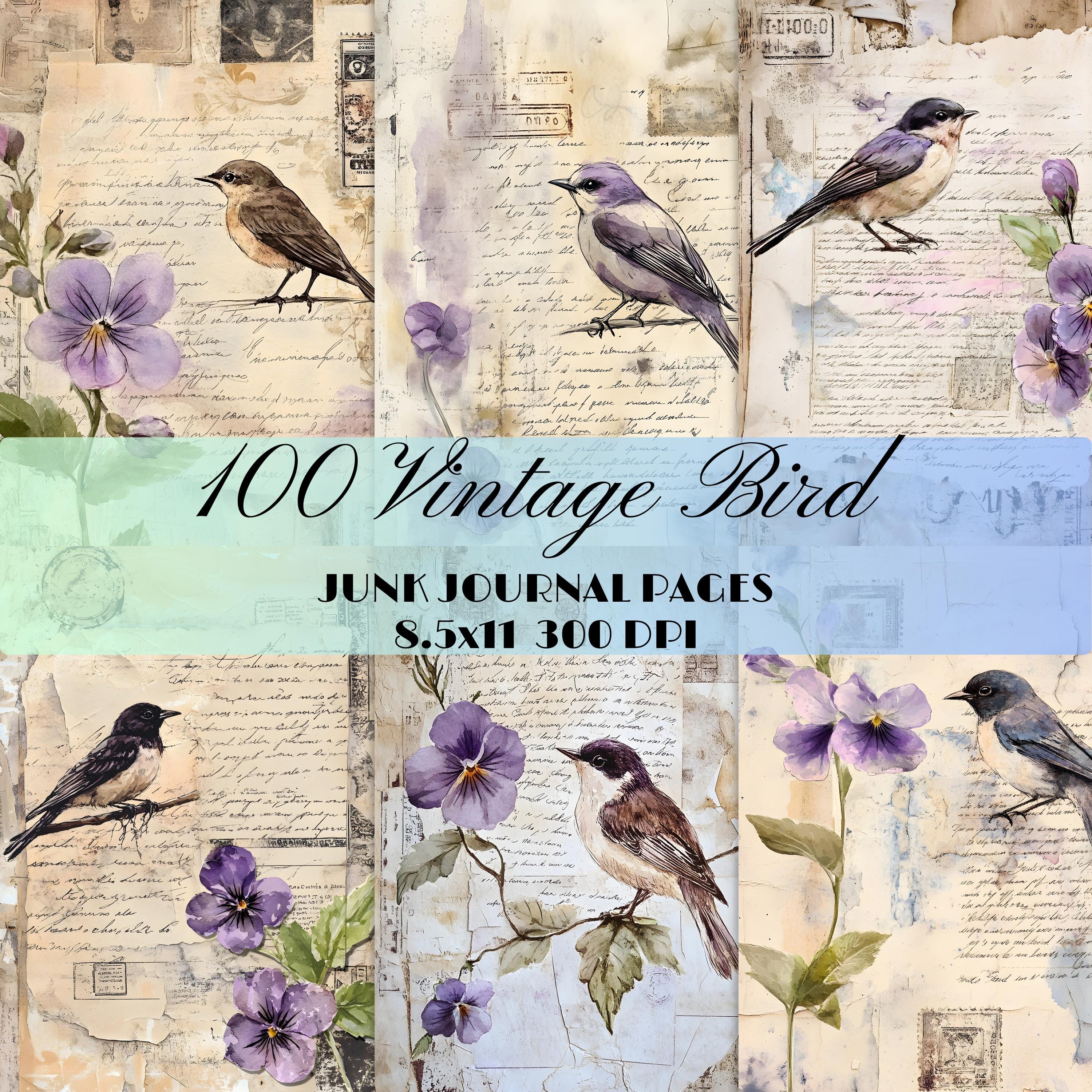100 Vintage Quirky Bird Junk Journal Page Floral Printable Ephemera Kit ...