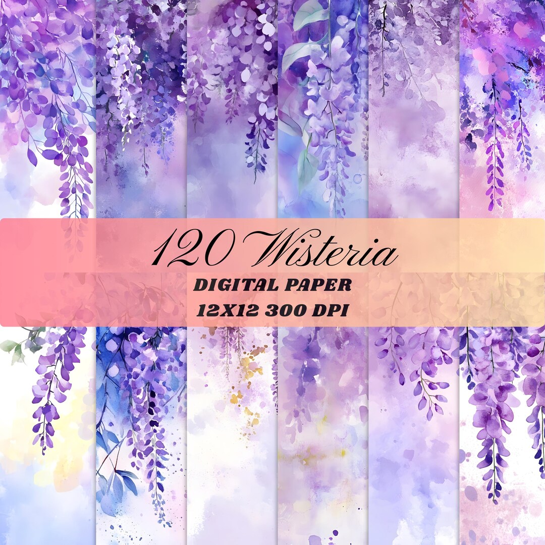 120 Spring Purple Floral Digital Paper Wisteria Flower Watercolor ...
