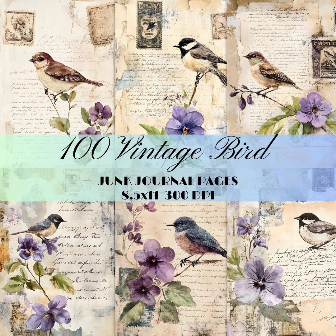 100 Vintage Quirky Bird Junk Journal Page Floral Printable Ephemera Kit ...