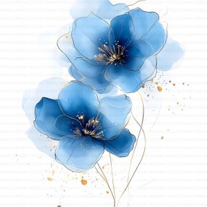 145 Blue Gold Abstract Flower Watercolor Clipart Bundle Printable High ...
