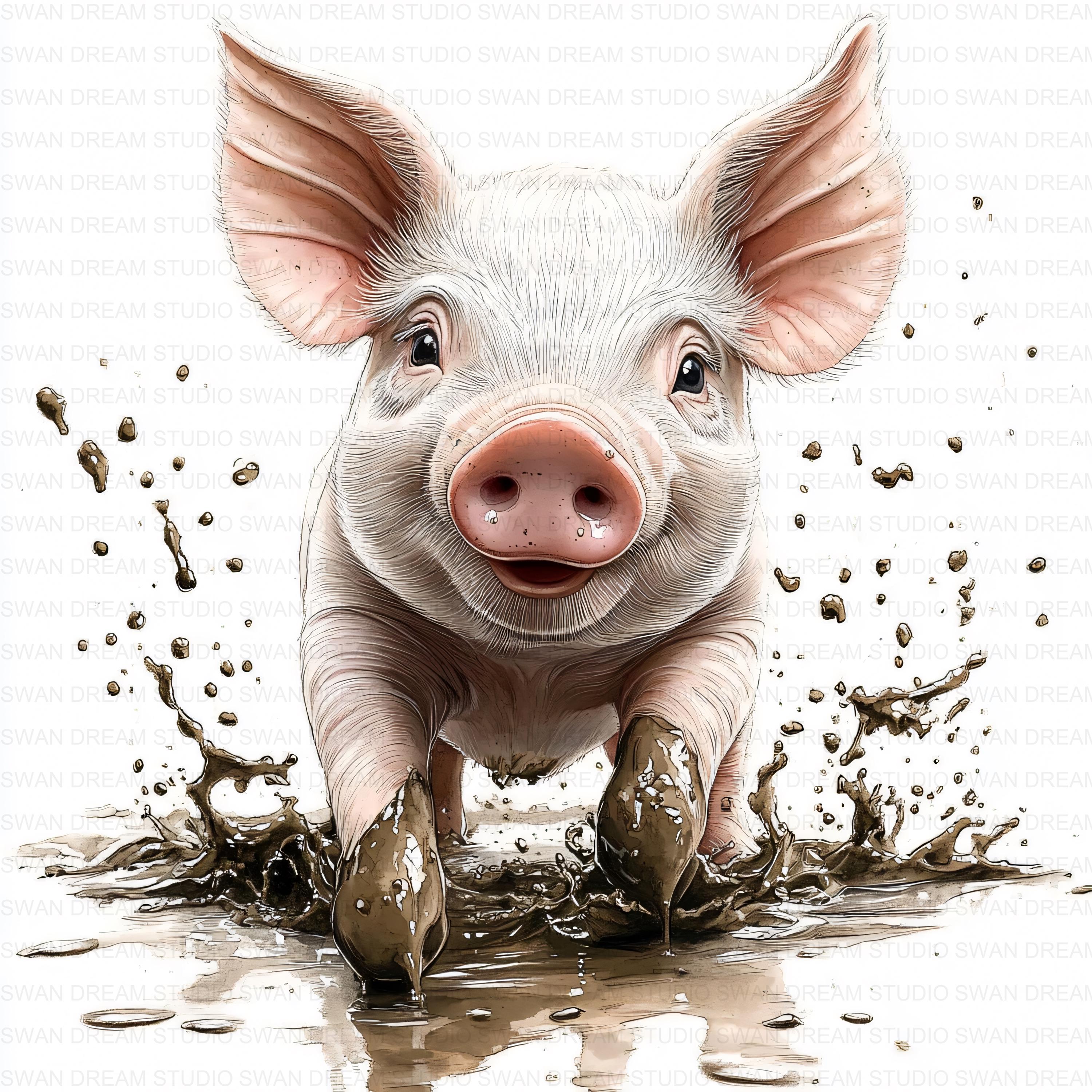 112 Pig in Mud Puddle Clipart Bundle Printable Whimsical Farm Animal ...