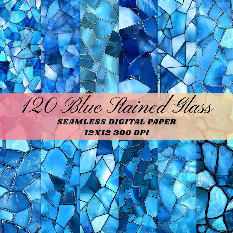 120 Ice Blue Stained Glass Texture Digital Paper Seamless Pattern ...