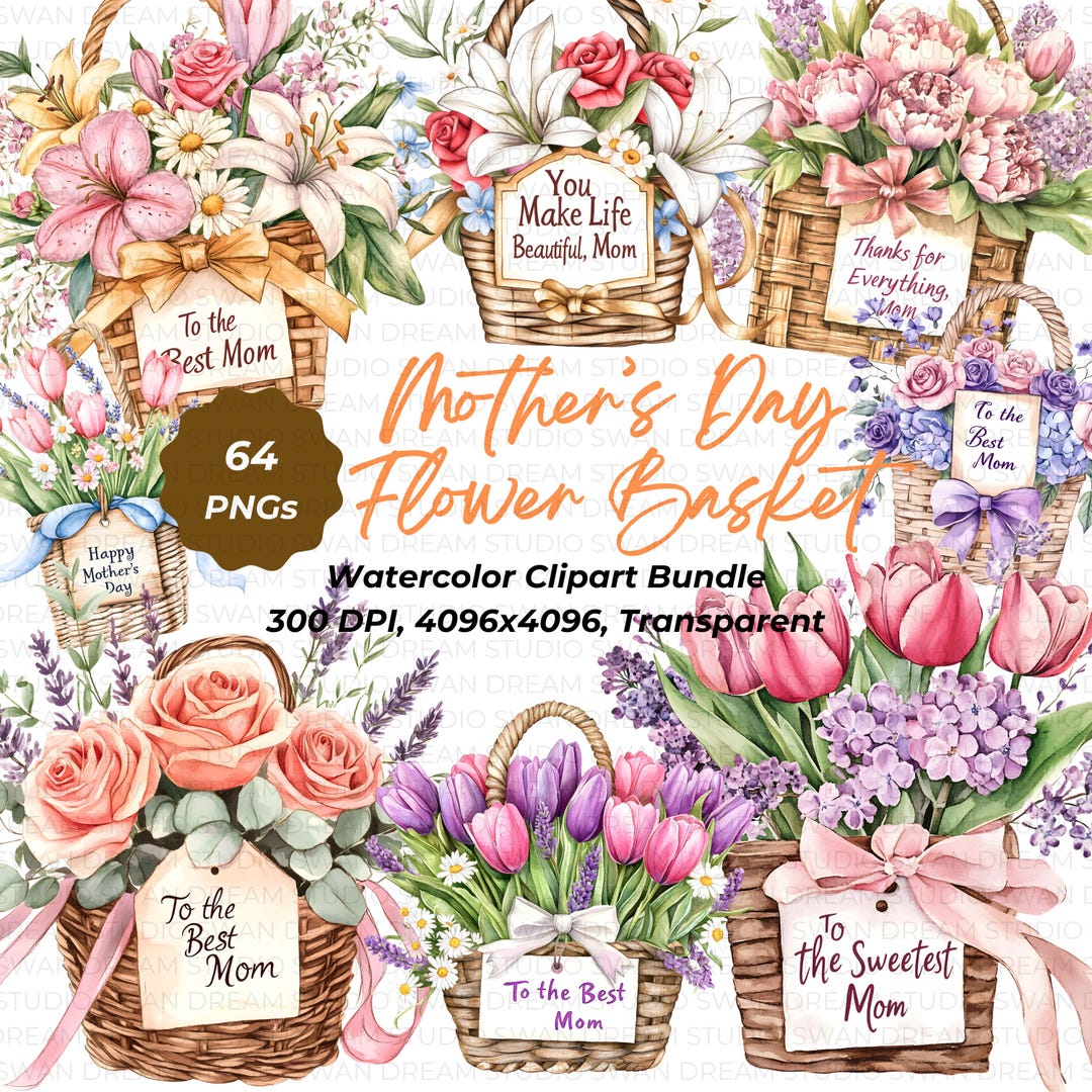 64 Mother's Day Flower Basket Clipart Bundle Printable High Quality PNG ...