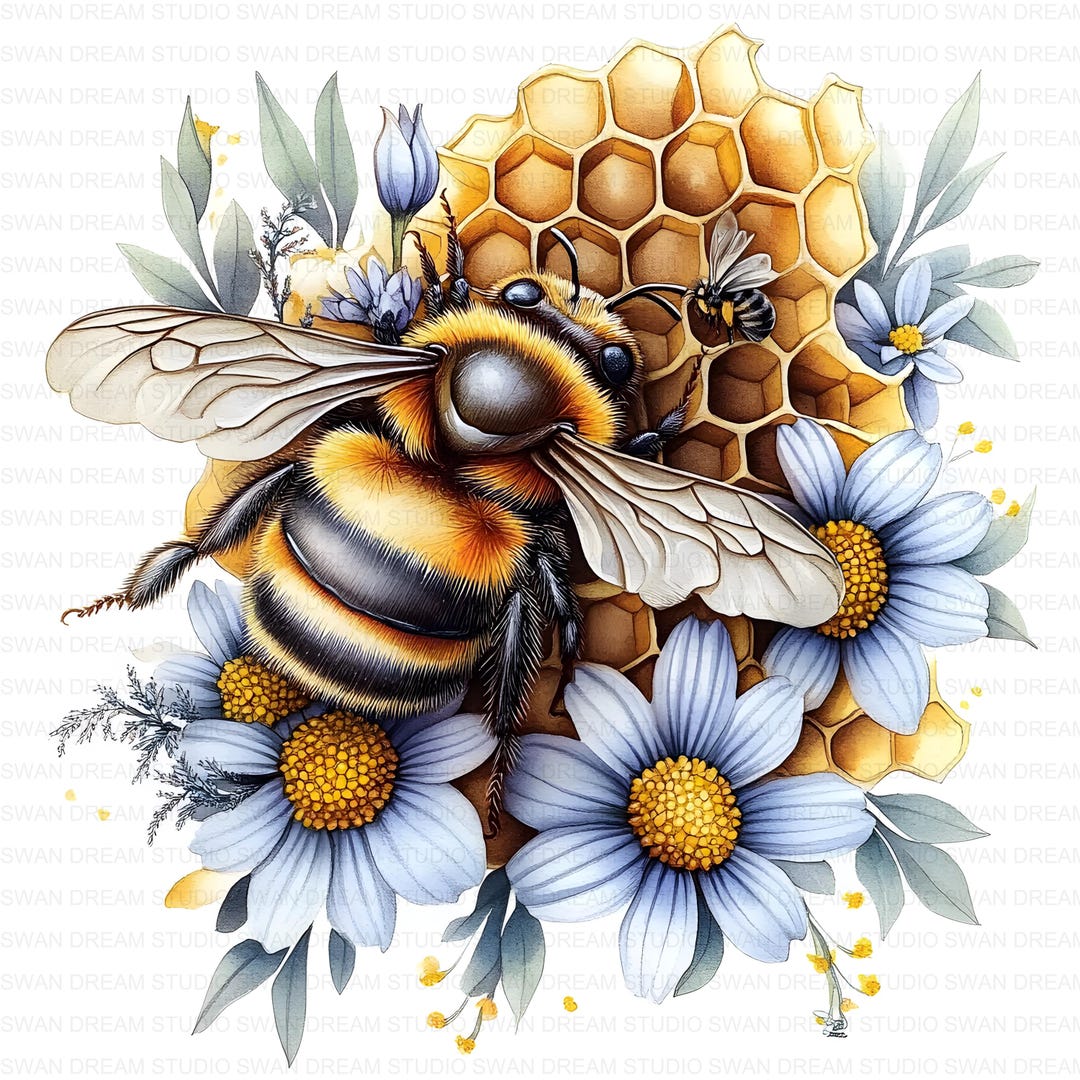 125 Honeybee With Flowers Bee Clipart Bundle Printable Whimsical Floral ...