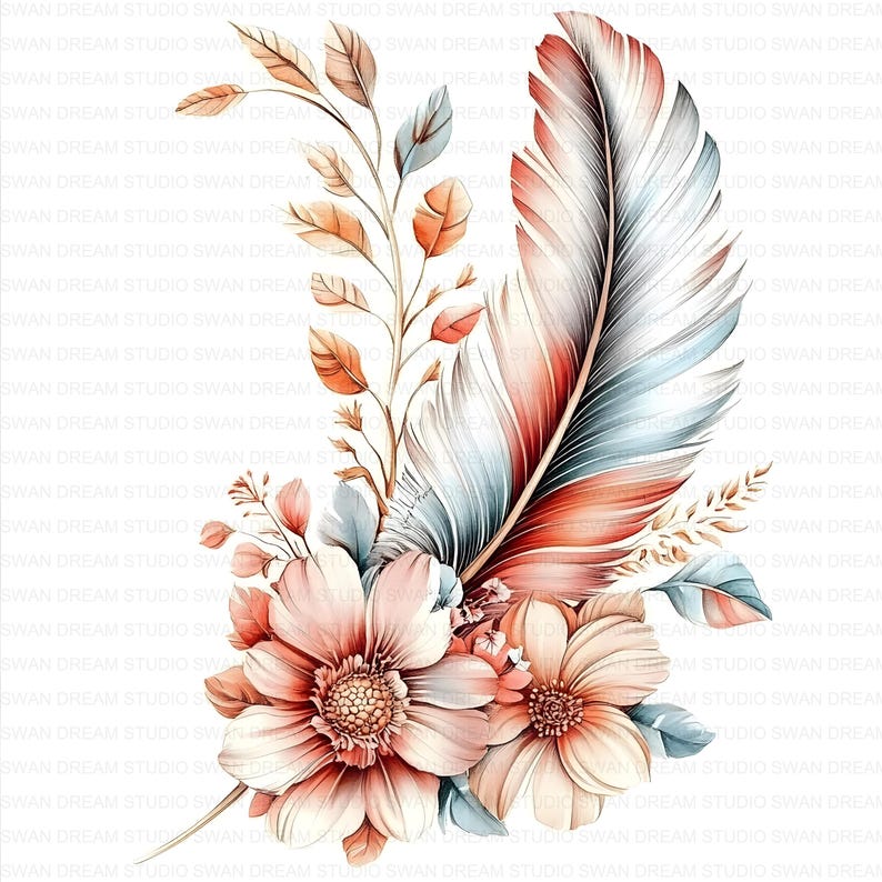 128 Boho Floral Feather Clipart Whimsical Fantasy Flowers Printable JPG ...