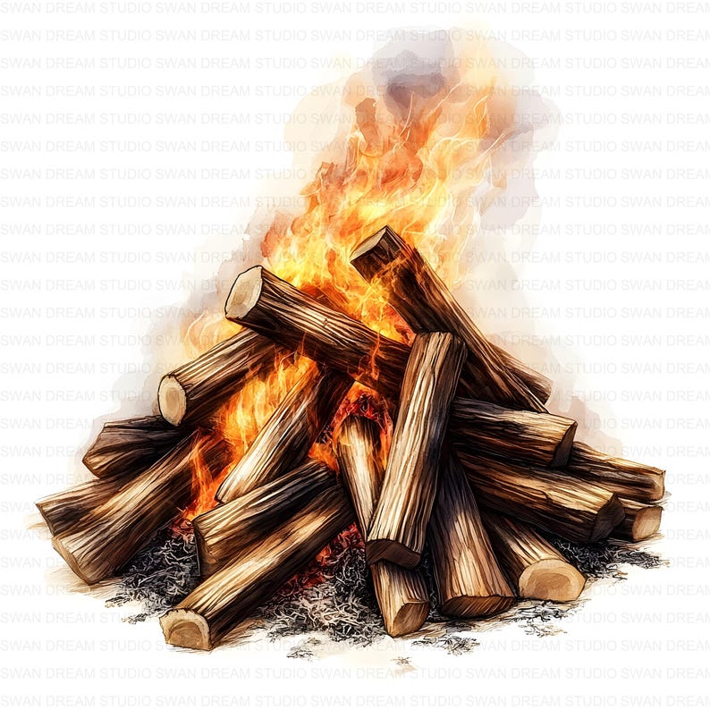 160 Bonfire Campfire Firewood Clipart Printable Watercolor Fire Smoke ...