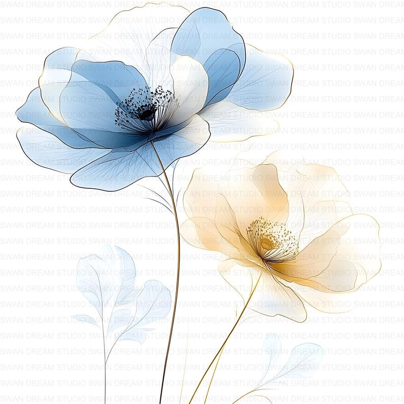145 Blue Gold Abstract Flower Watercolor Clipart Bundle Printable High ...