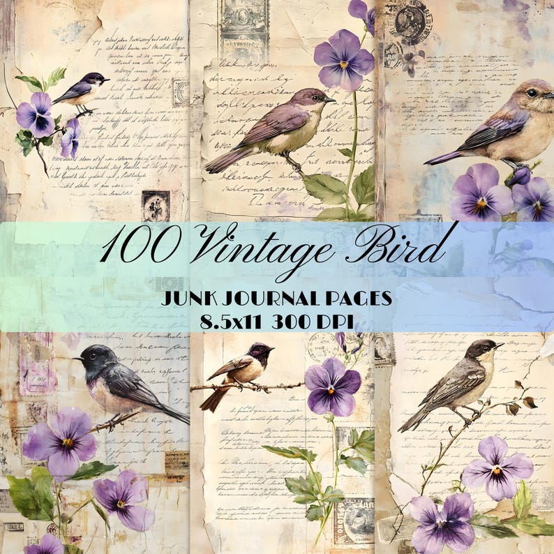 100 Vintage Quirky Bird Junk Journal Page Floral Printable Ephemera Kit ...