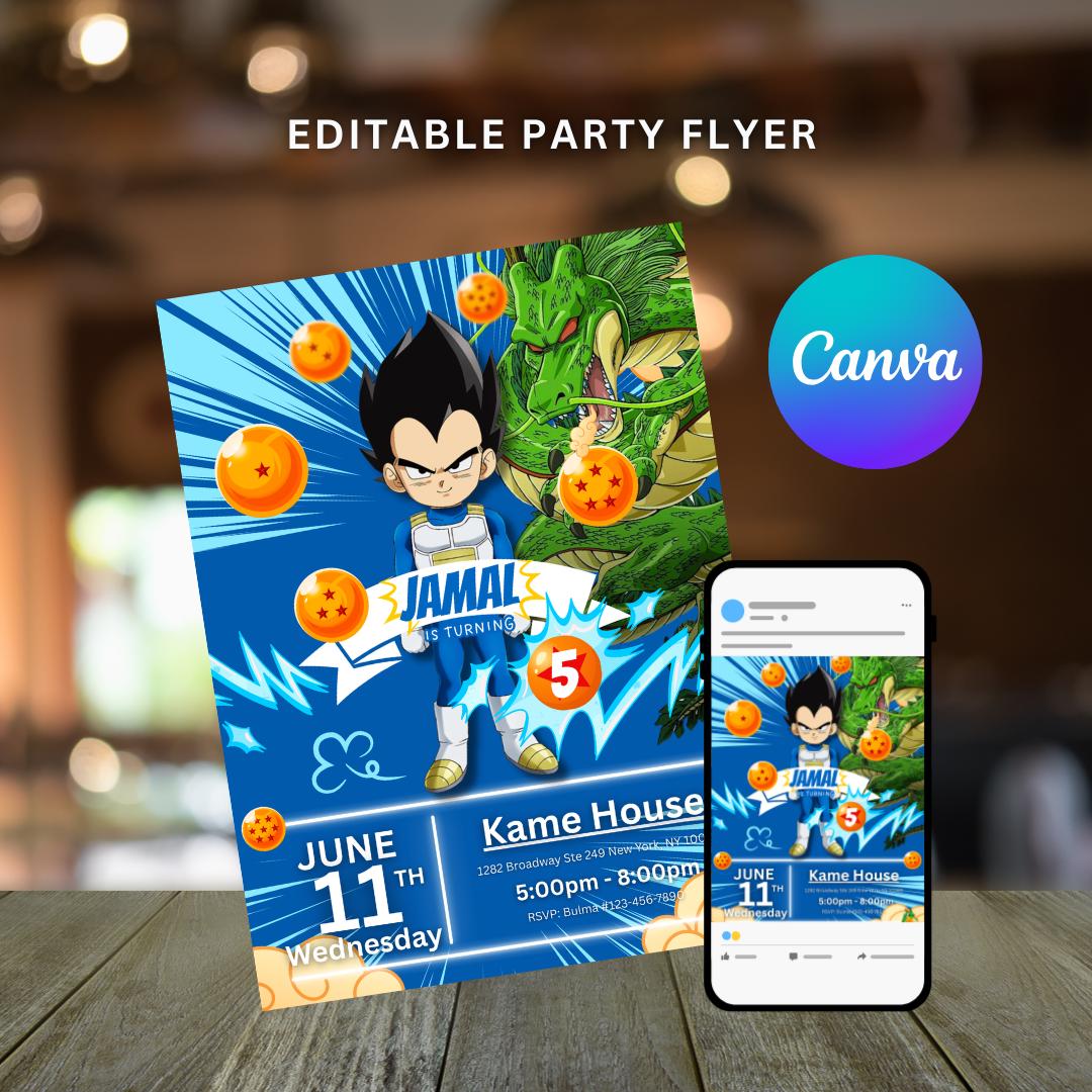 Editable Dragon Ball Vegeta Birthday Invitation Template | Digital Kids ...