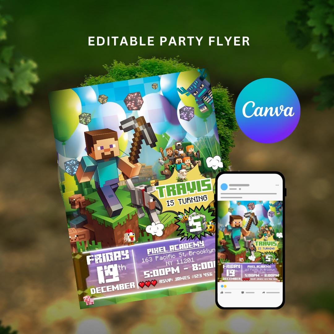 Minecraft 8 Bit Birthday Invitation Template Gamer Party Card Editable ...