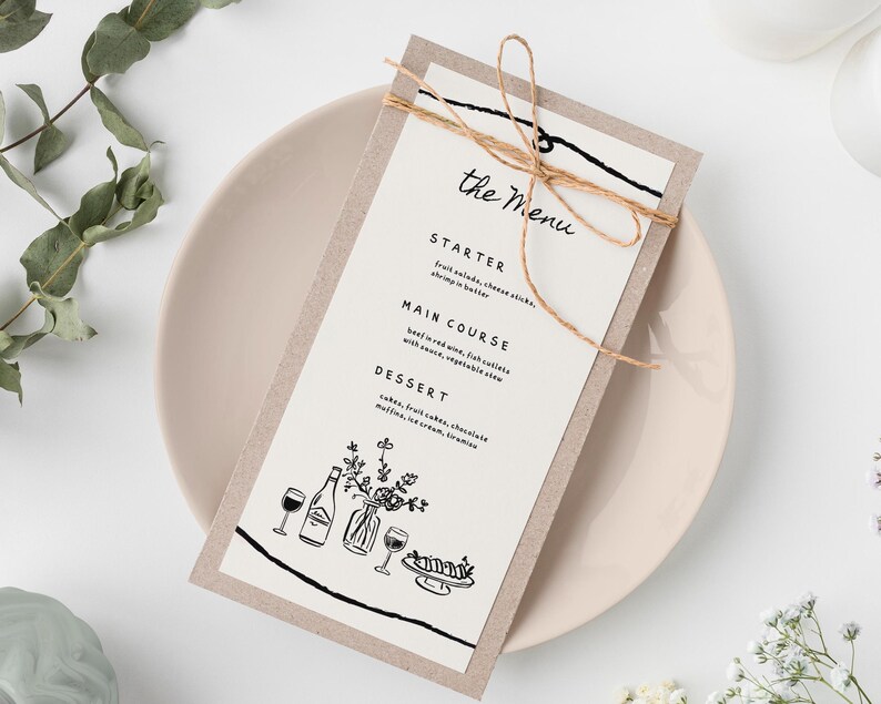 Hand Drawn Wedding Menu Cards Template, Whimsical Event Menu Cards ...