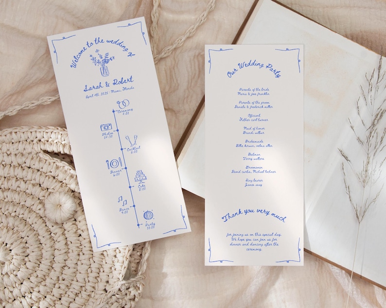 Vintage Wedding Program Template, Hand Drawn Wedding Day Timeline, Order of Service, Whimsical ...
