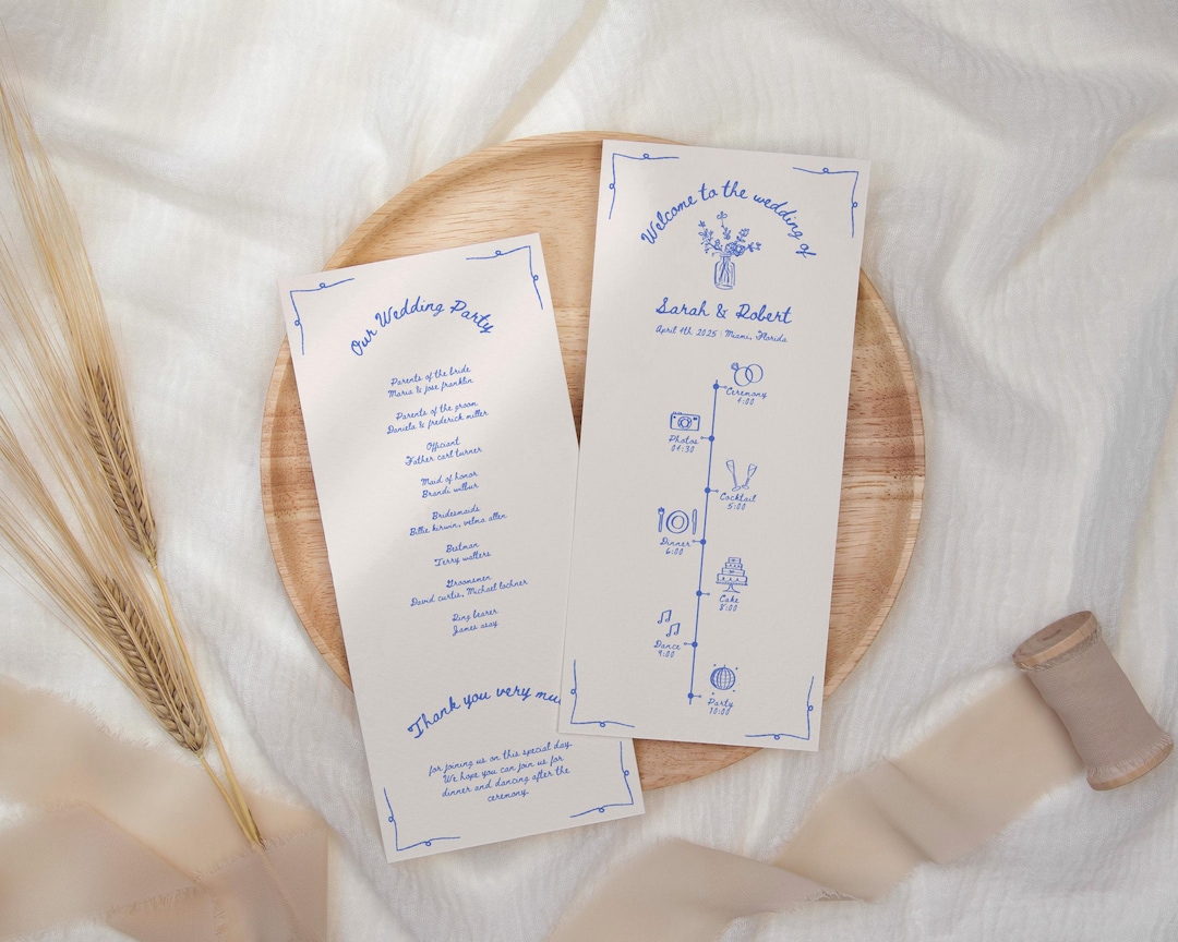 Vintage Wedding Program Template, Hand Drawn Wedding Day Timeline, Order of Service, Whimsical ...