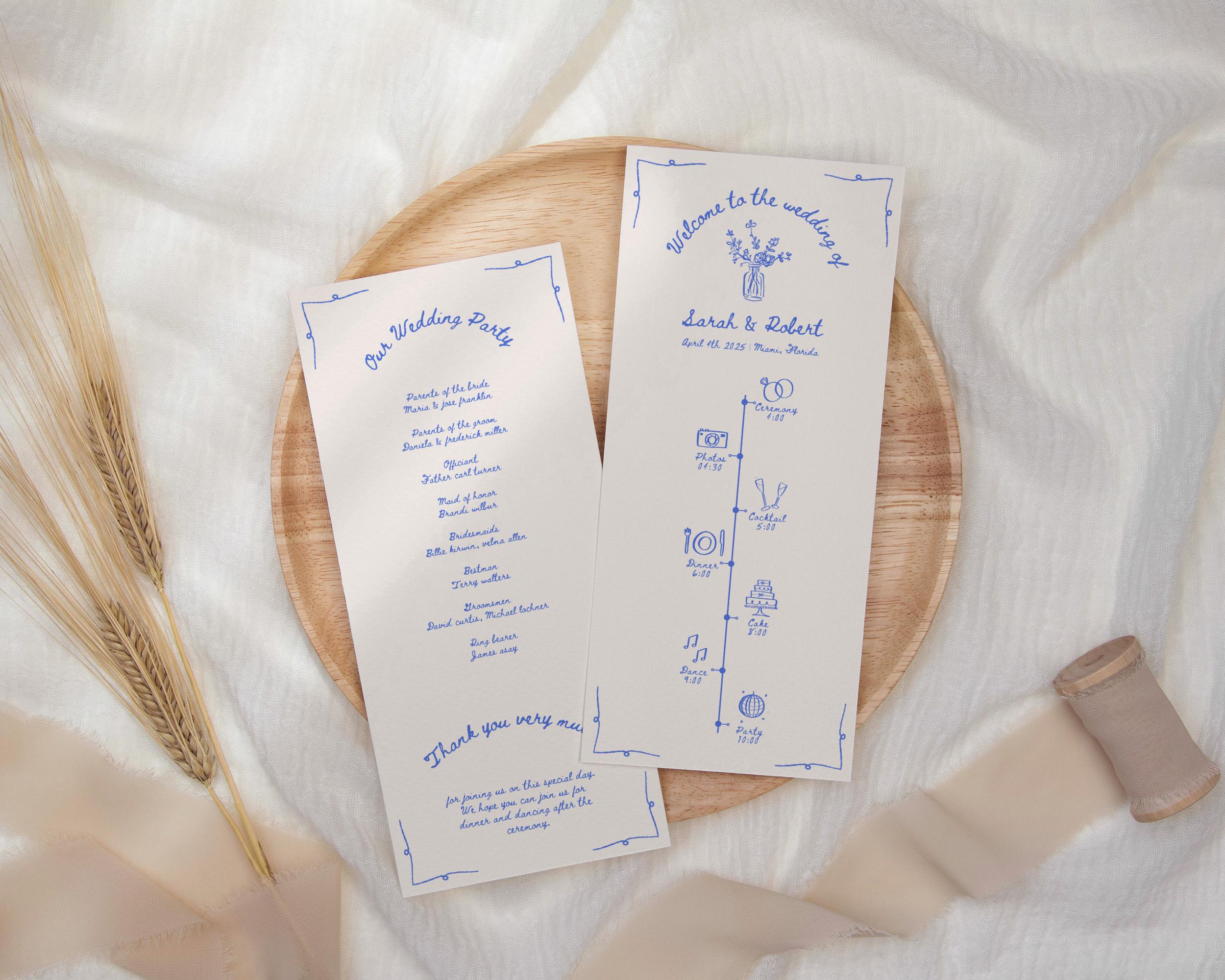 Vintage Wedding Program Template, Hand Drawn Wedding Day Timeline, Order of Service, Whimsical ...