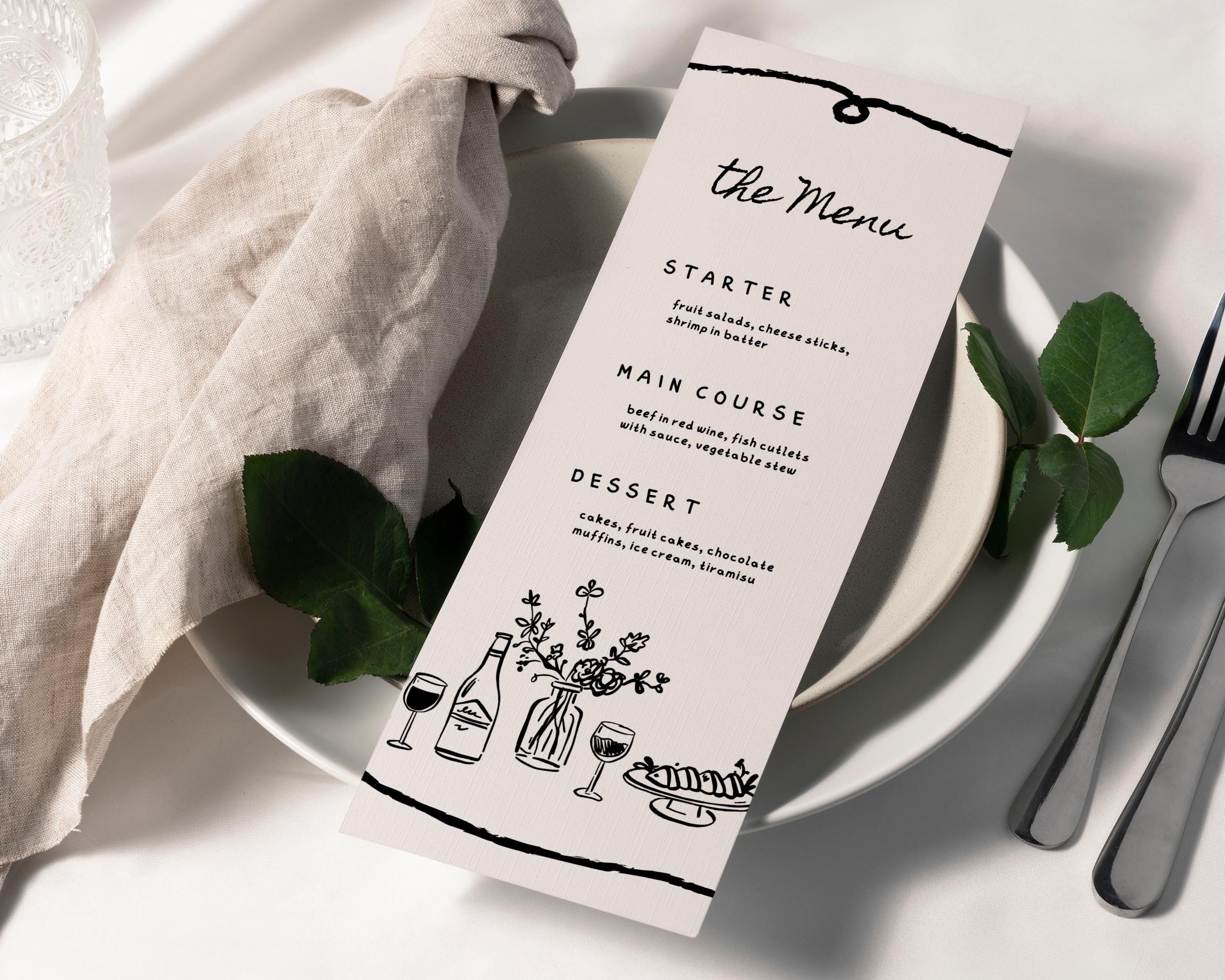 Hand Drawn Wedding Menu Cards Template, Whimsical Event Menu Cards ...