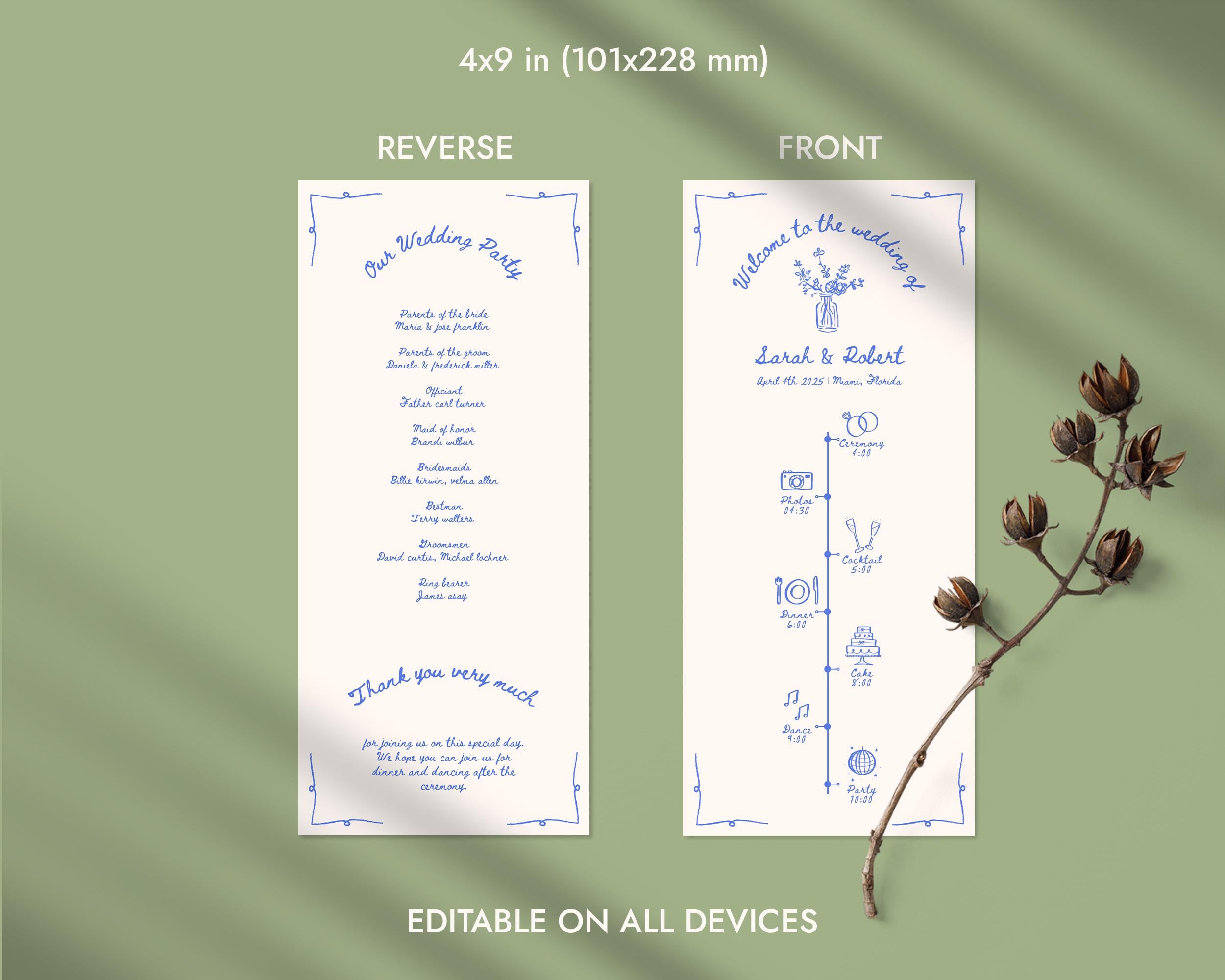Vintage Wedding Program Template, Hand Drawn Wedding Day Timeline ...