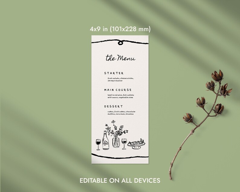 Hand Drawn Wedding Menu Cards Template, Whimsical Event Menu Cards ...