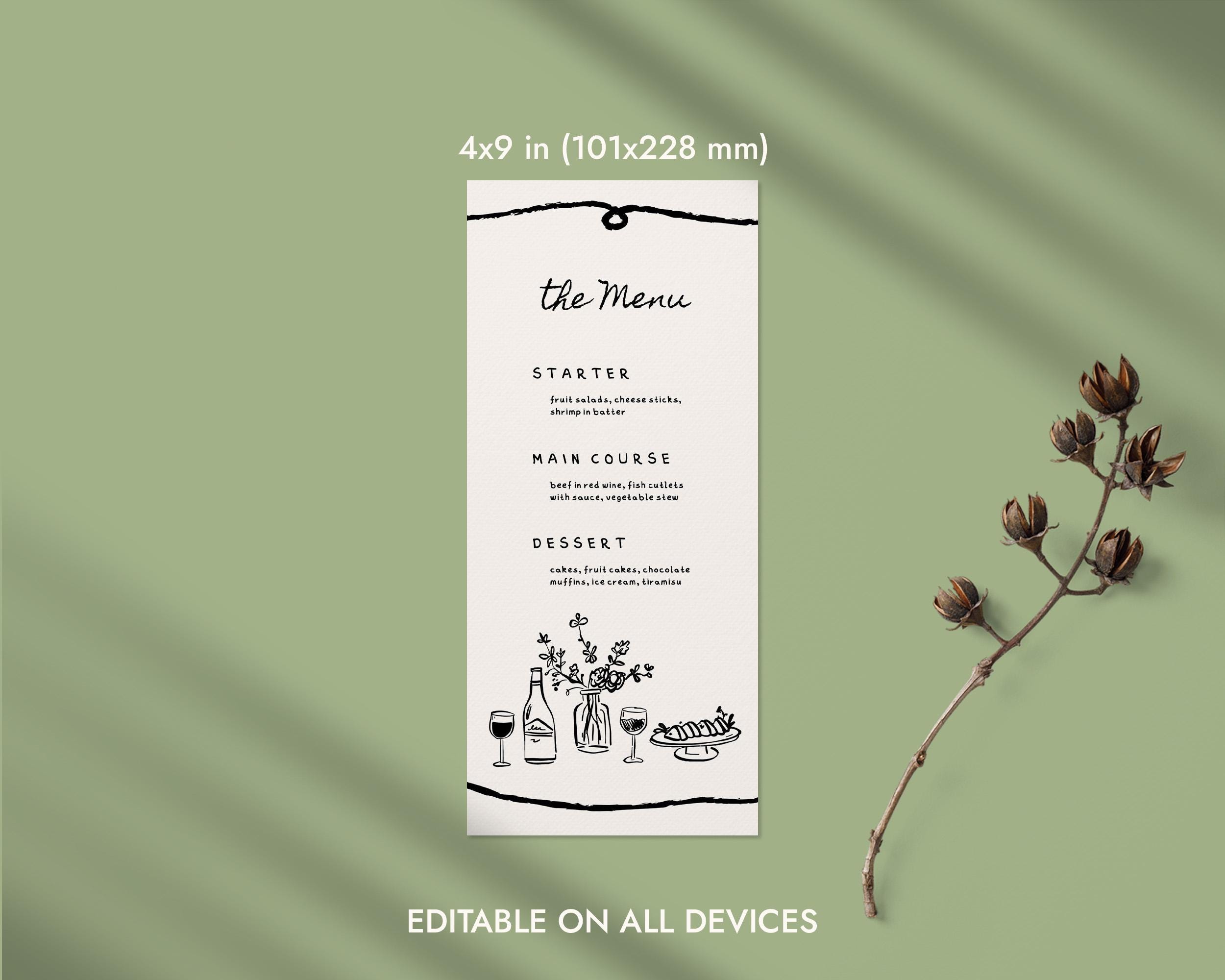 Hand Drawn Wedding Menu Cards Template, Whimsical Event Menu Cards ...