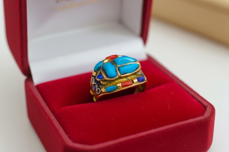 Gold Scarab Ring, Turquoise Egyptian Talisman, Ancient Spiritual ...