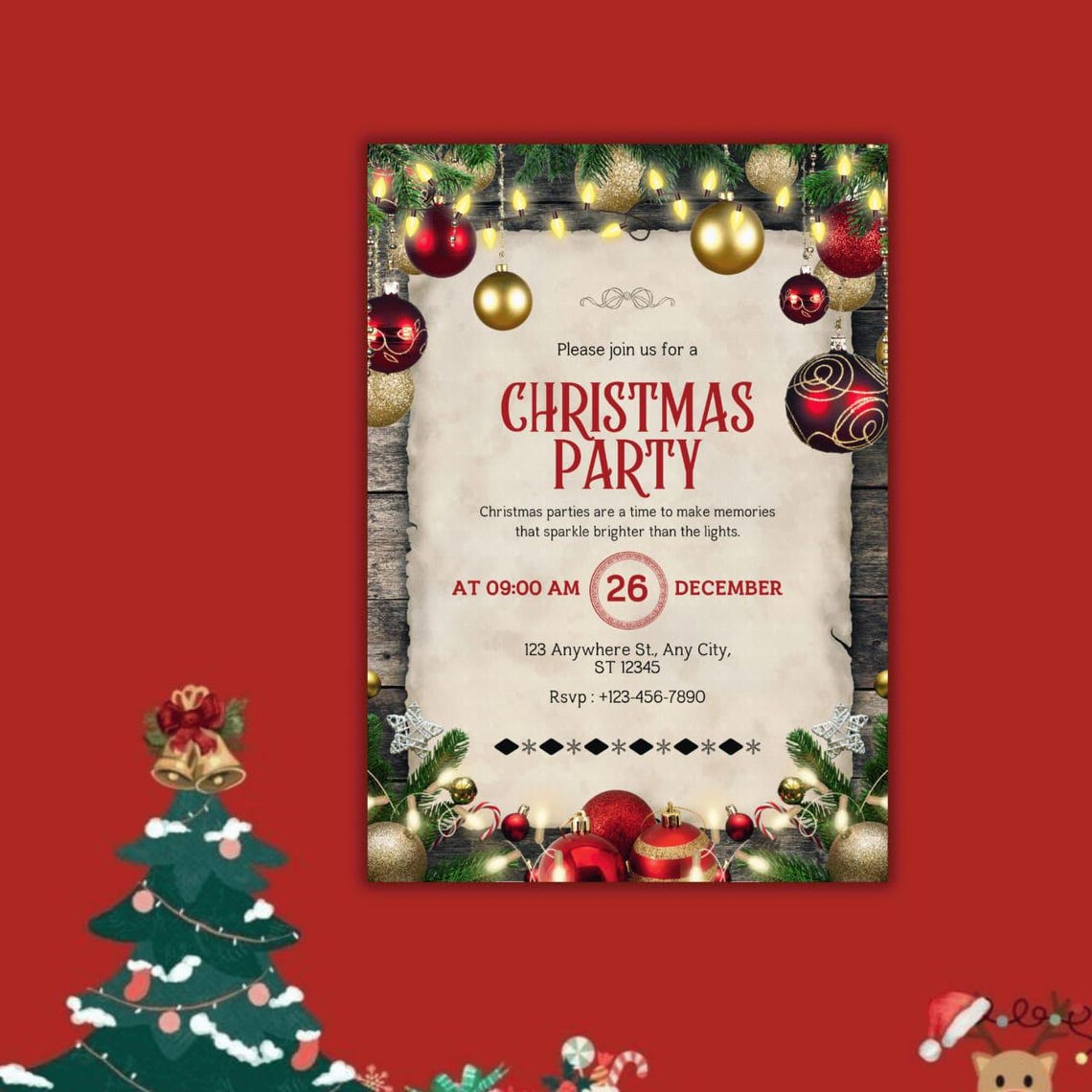 Editable Christmas Card, Festive Party Invite, Elegant White & Red ...