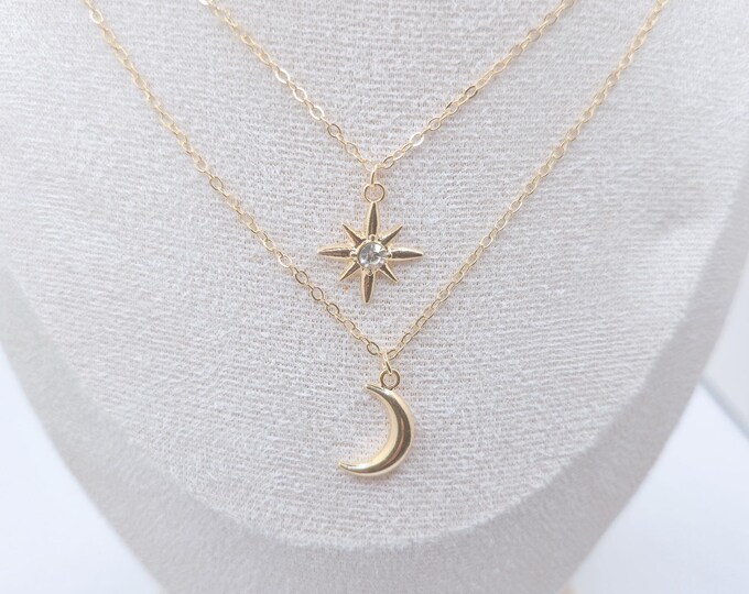 Celestial 3 Layer Star Moon Necklace Gold Tone - Etsy