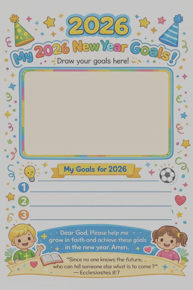 2026 New Year Goals Worksheet for Kids | Christian Printable | Color ...