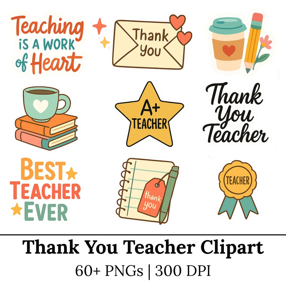 Teacher Thank You Clipart Bundle: Doodle Art, Stickers (PNG & JPEG ...