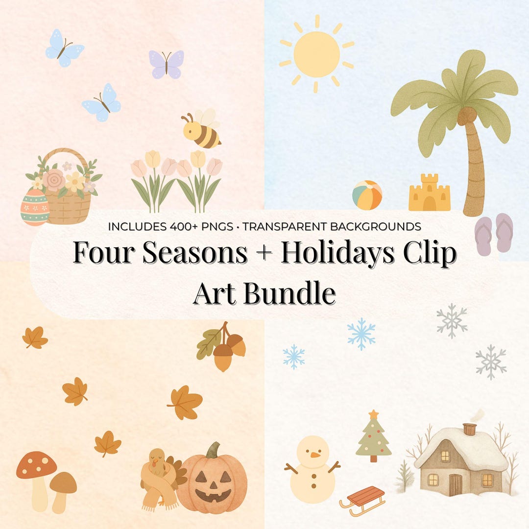 Watercolor Four Seasons Clipart Bundle - 400+ PNG Stickers for Spring ...