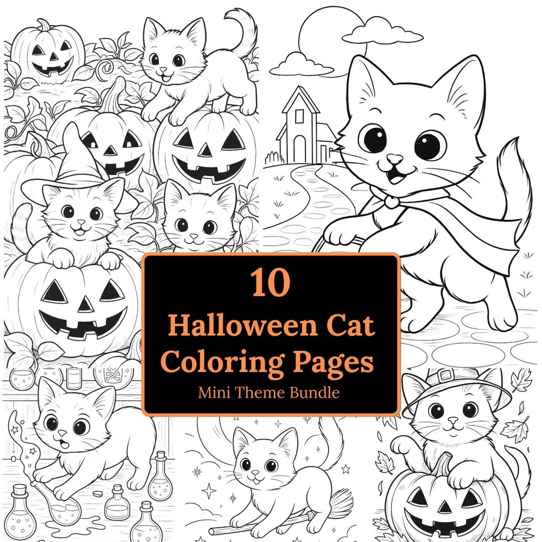 Halloween Cat Coloring Pages: Spooky Kitten Autumn Art (PDF Download - Etsy