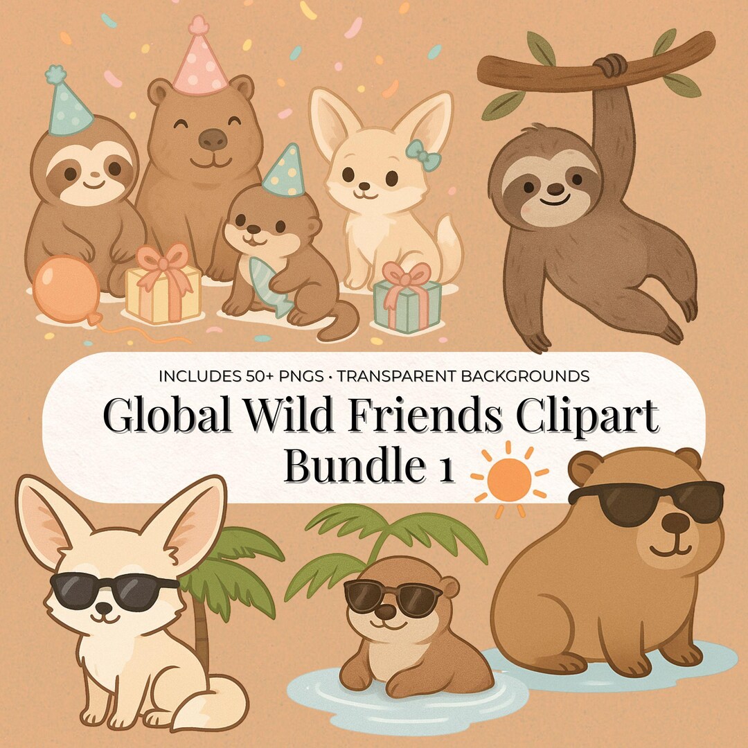 Sloth, Capybara, Otter & Fennec Fox Clipart Bundle | Cute Wild Friends ...