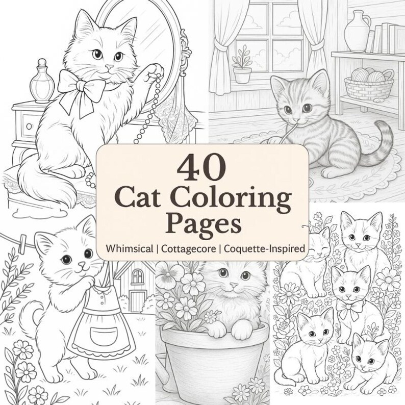 Cat Coloring Pages Bundle, 40 Whimsical and Cute Kitten Designs ...