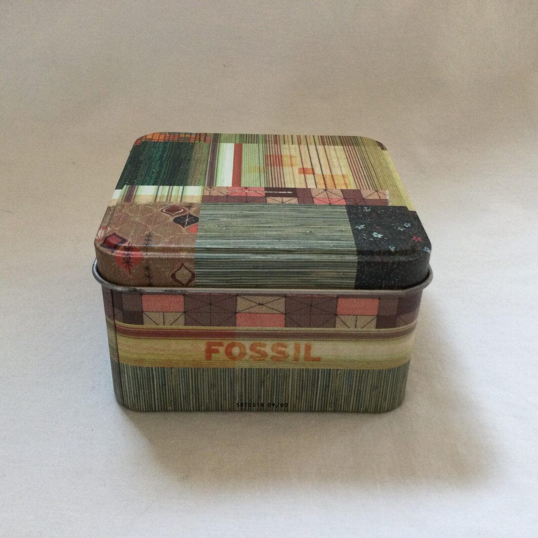 2002 Fossil Watch Wallet Empty Tin Metal Box Multicolor Patchwork ...
