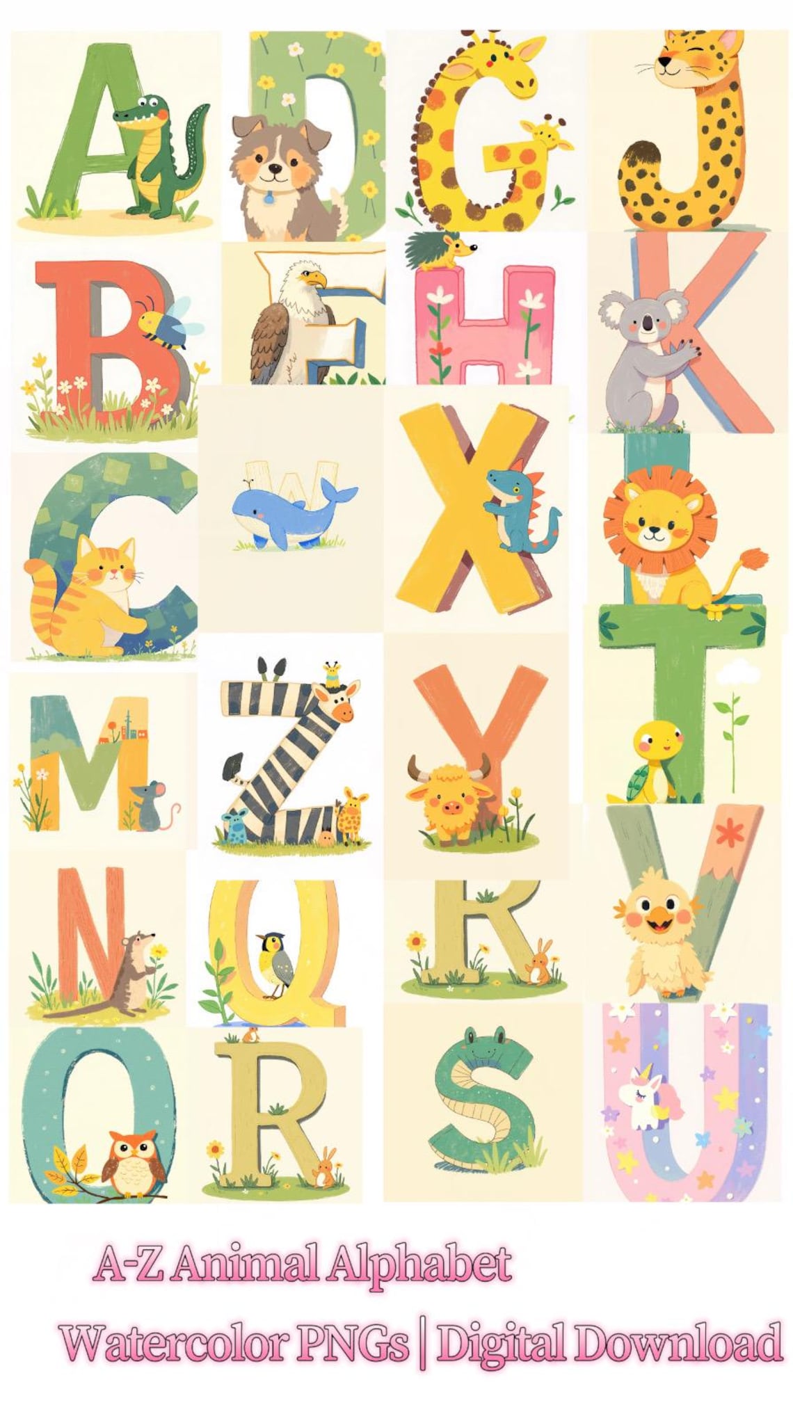 A-Z Animal Alphabet Clipart – Watercolor Pngs for Kids | Nursery Decor ...