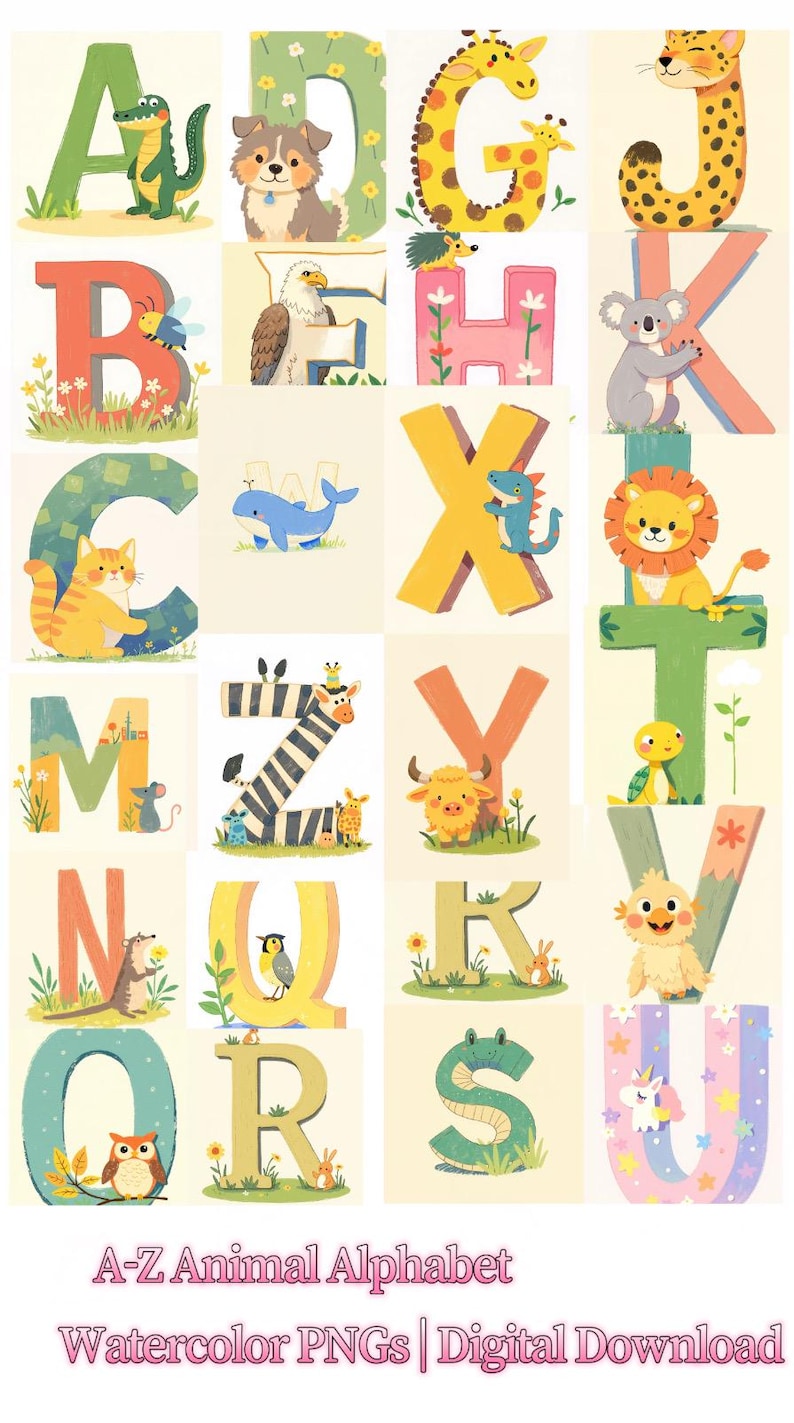 A-Z Animal Alphabet Clipart – Watercolor Pngs for Kids | Nursery Decor ...