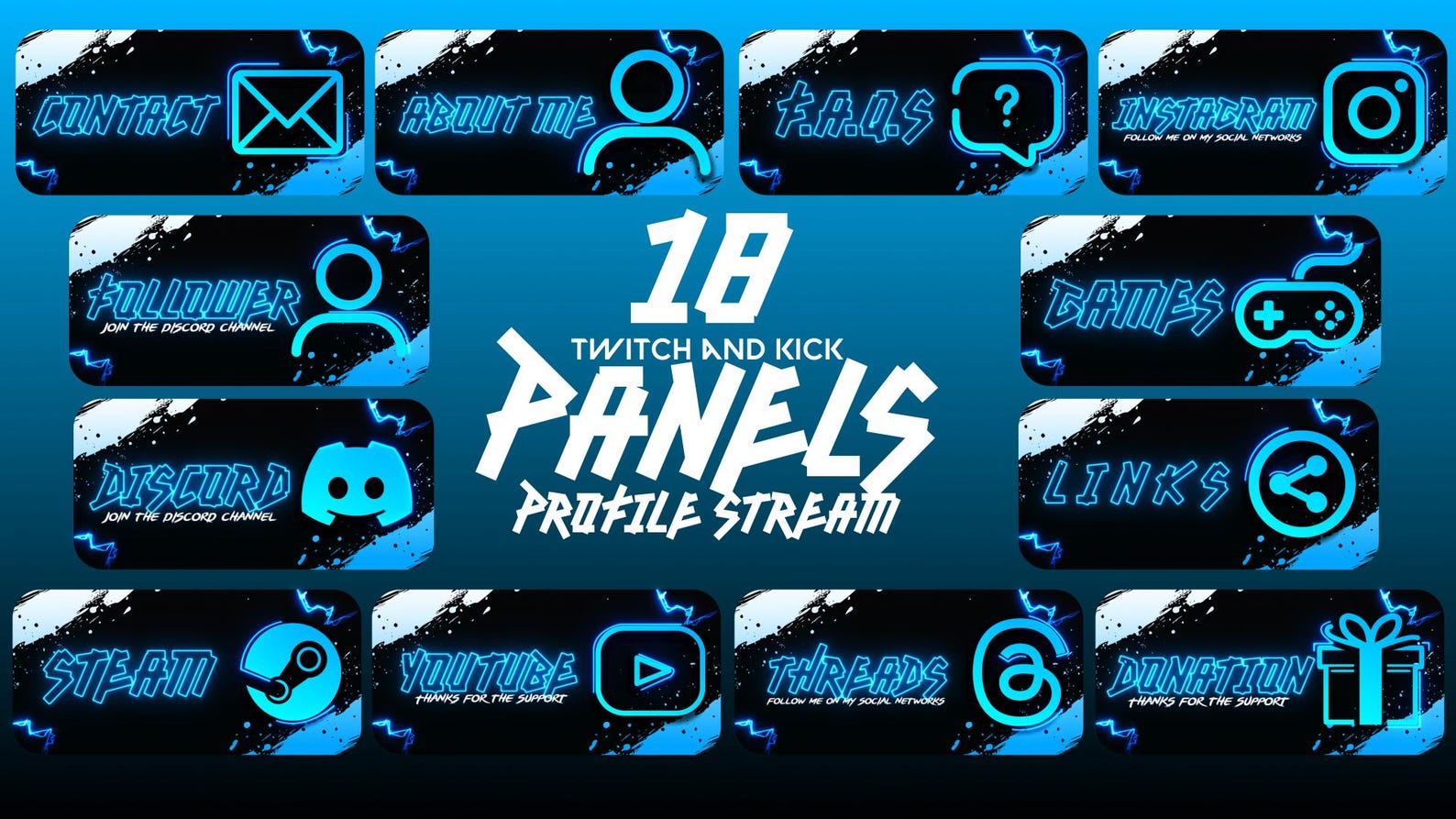 Profile Panel Pack - 19 Twitch and Kick Profile Panels - Neon Blue ...