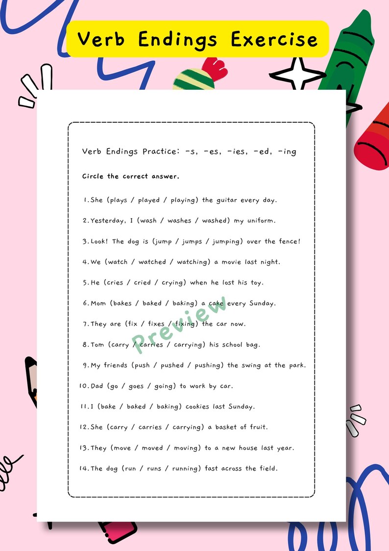 Grammar Practice for Kids (primary 2–4) / Verb Endings Worksheets: -s ...