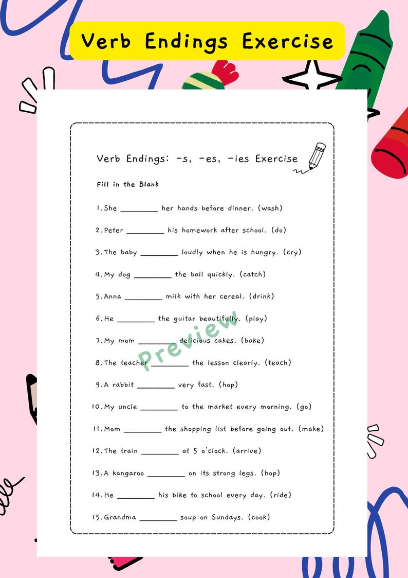 Grammar Practice for Kids (primary 2–4) / Verb Endings Worksheets: -s ...