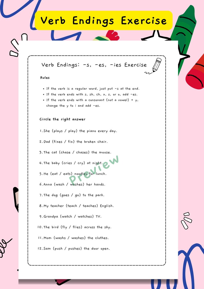 Grammar Practice for Kids (primary 2–4) / Verb Endings Worksheets: -s ...