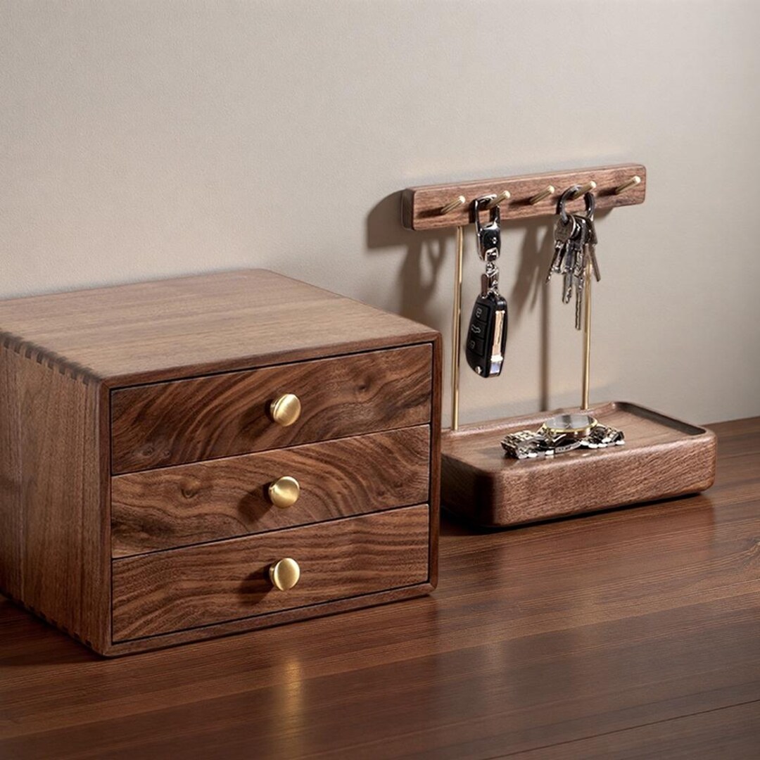 Walnut Desktop Organizer, Jewelry Box, Key Rack, Brass Accents - Etsy