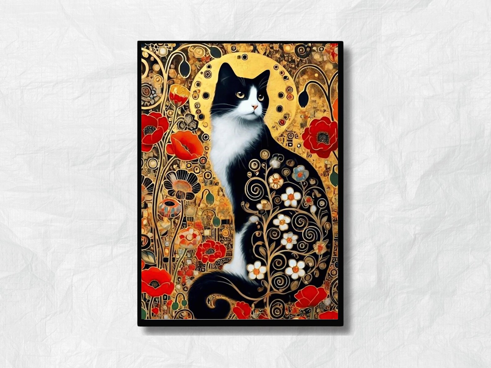Gustav Klimt Garden Cat Print Poster, Klimt Flowers Cat Painting, Black ...